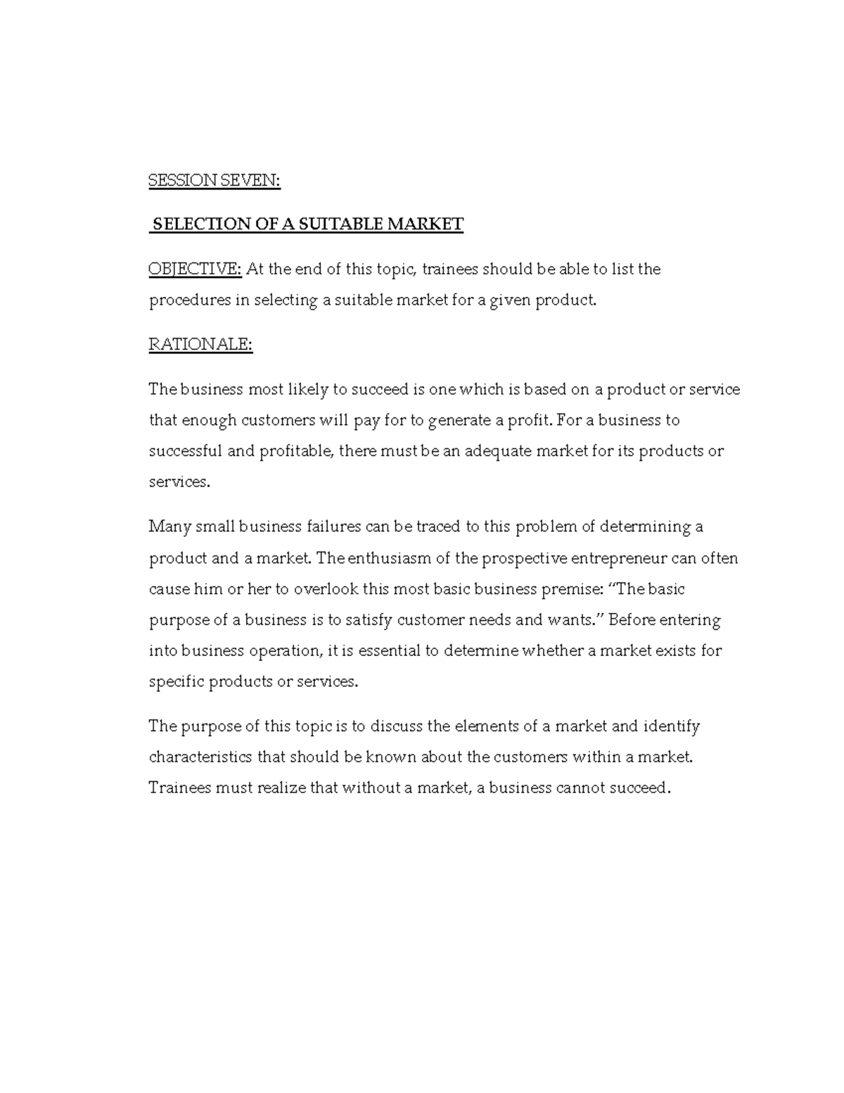 Entrepreneurship: Selecting a Suitable Market Objective (Session 7 ...