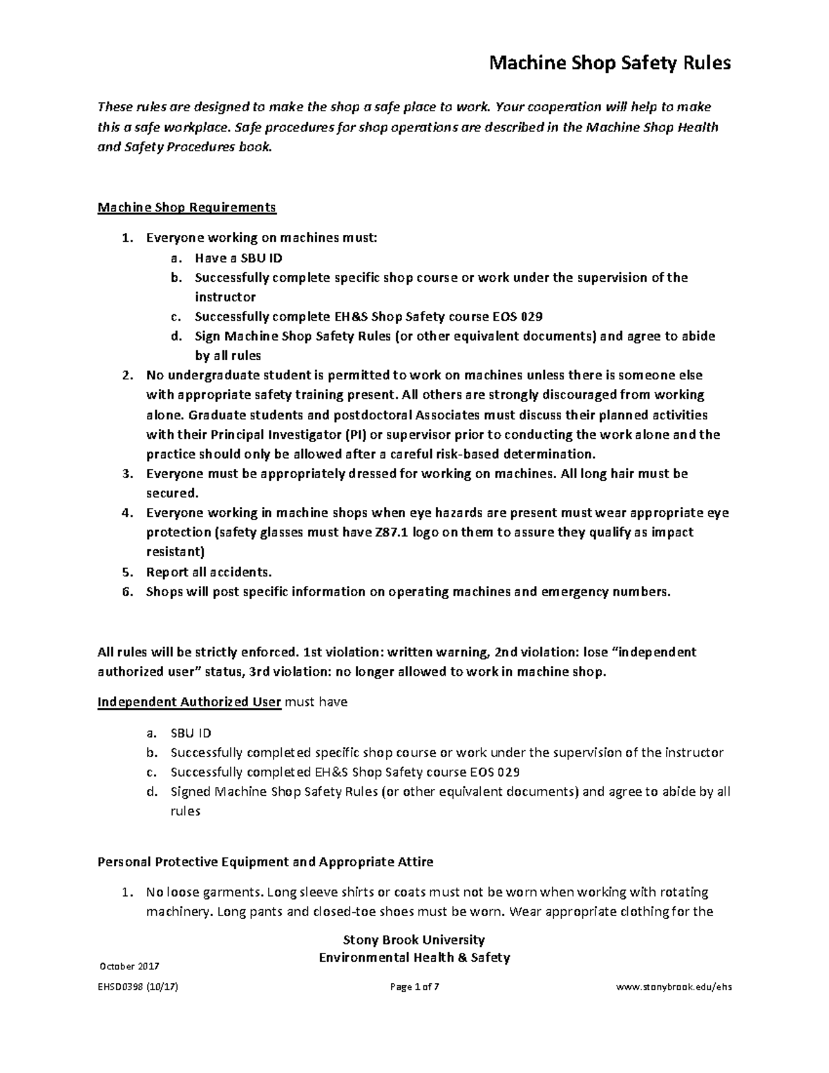 Machine Shop Safety Rules & Agreement - EH&S Course EOS 029 - Studocu