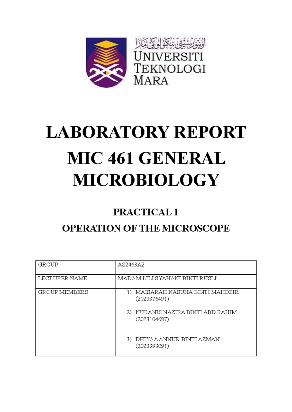 LAB Report - Microscopy & Staining Techniques for MIC461 - Studocu