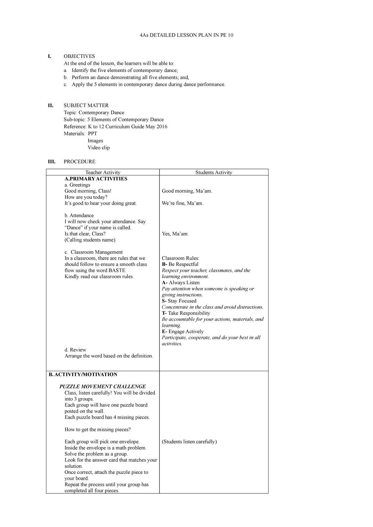 Final Demo: 4As Detailed Lesson Plan in PE 10 - Contemporary Dance ...