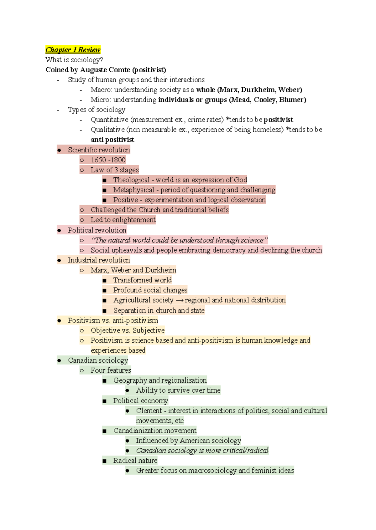 SOCIOL TEST 1 REVIEW/NOTES - Chapter 1 Review What is sociology? Coined ...
