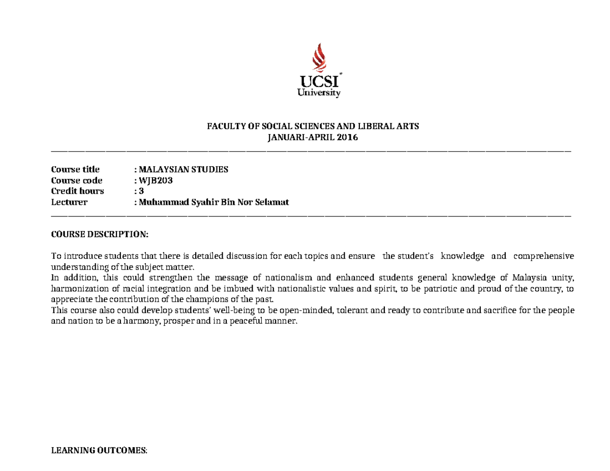 Course Outline Malaysian Studies UCSI University - FACULTY OF SOCIAL ...