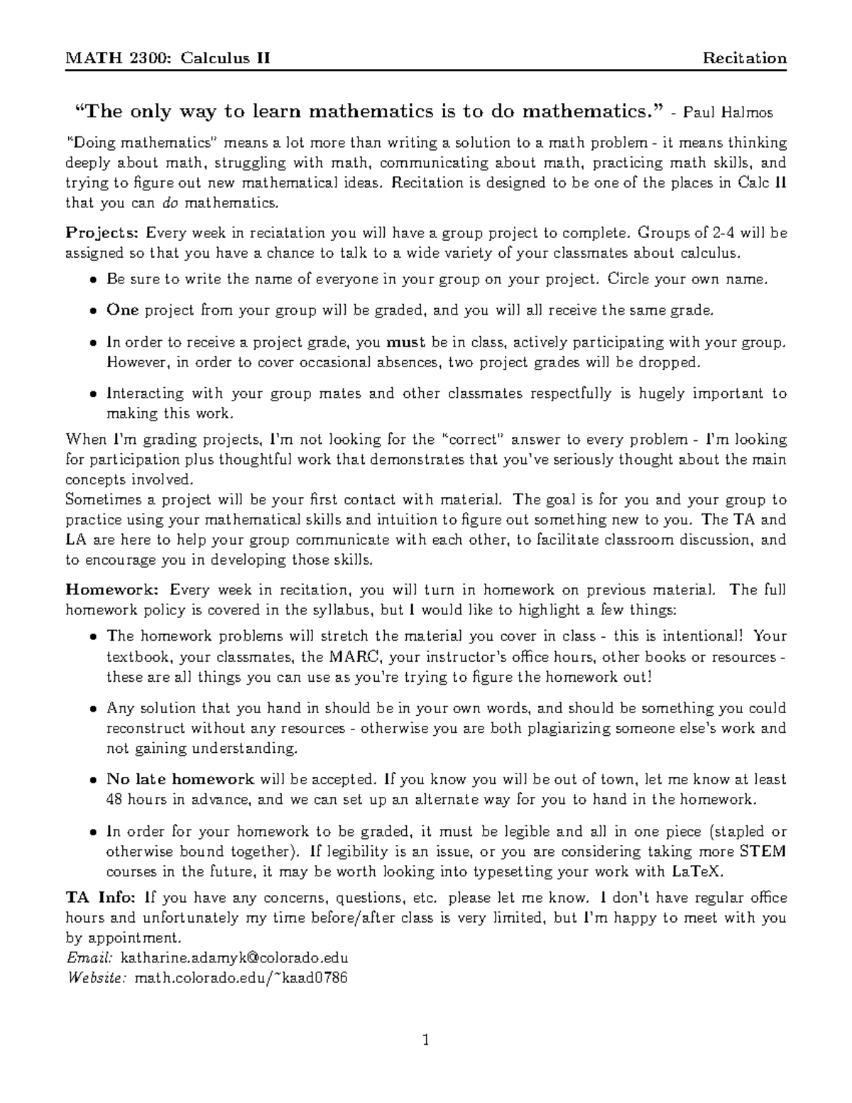 Introduction - Review - MATH 2300: Calculus II Recitation “The only way ...