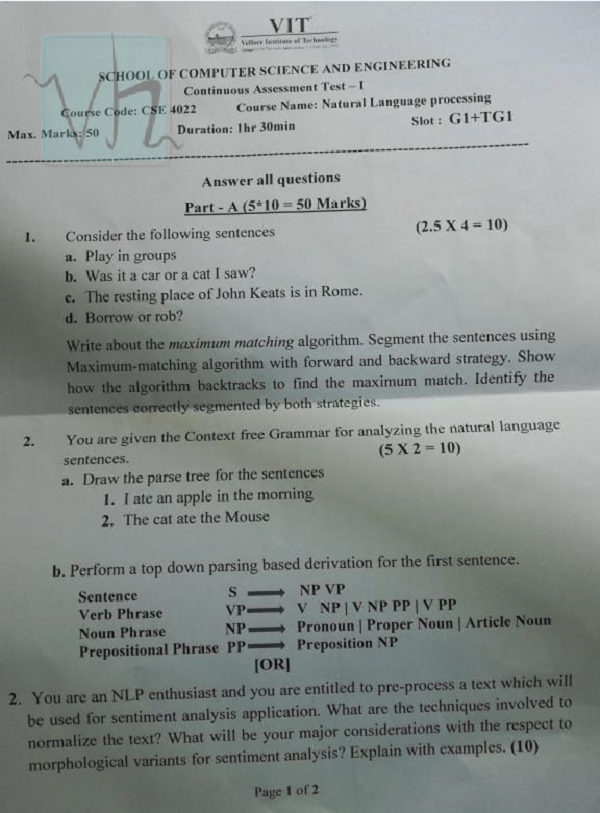 NLP Continuous Assessment Test I - CSE 4022 Model Question Paper - Studocu