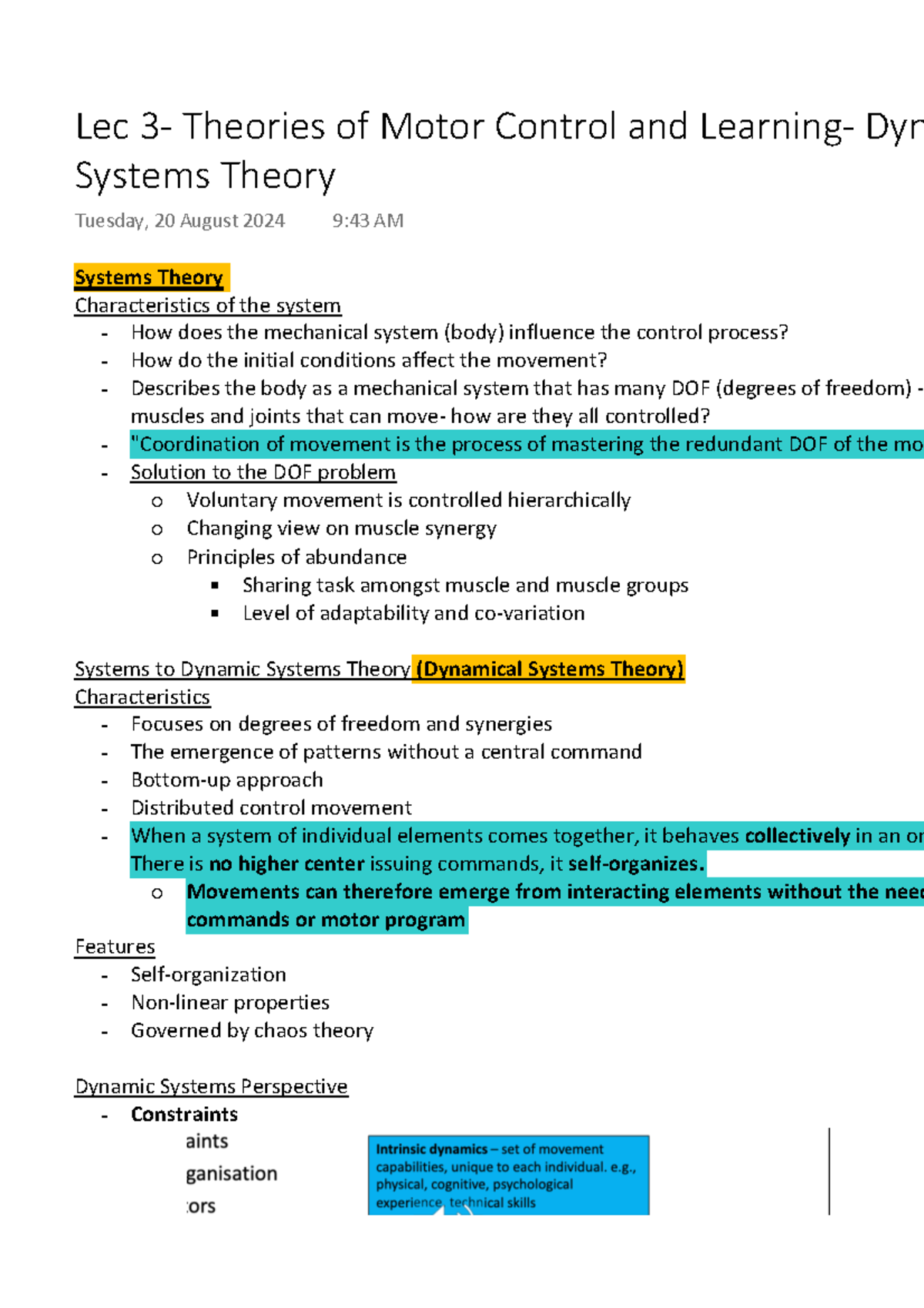 Lec 3 - Theories of Motor Control & Learning: Dynamic Systems Theory ...