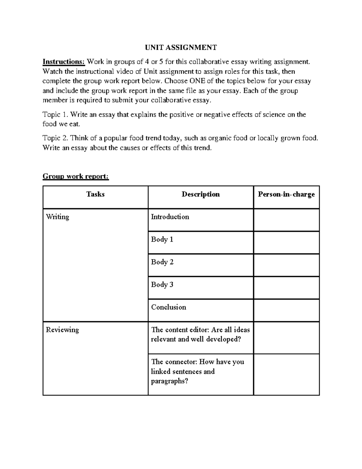 UNIT Assignment - UNIT ASSIGNMENT Instructions: Work in groups of 4 or ...
