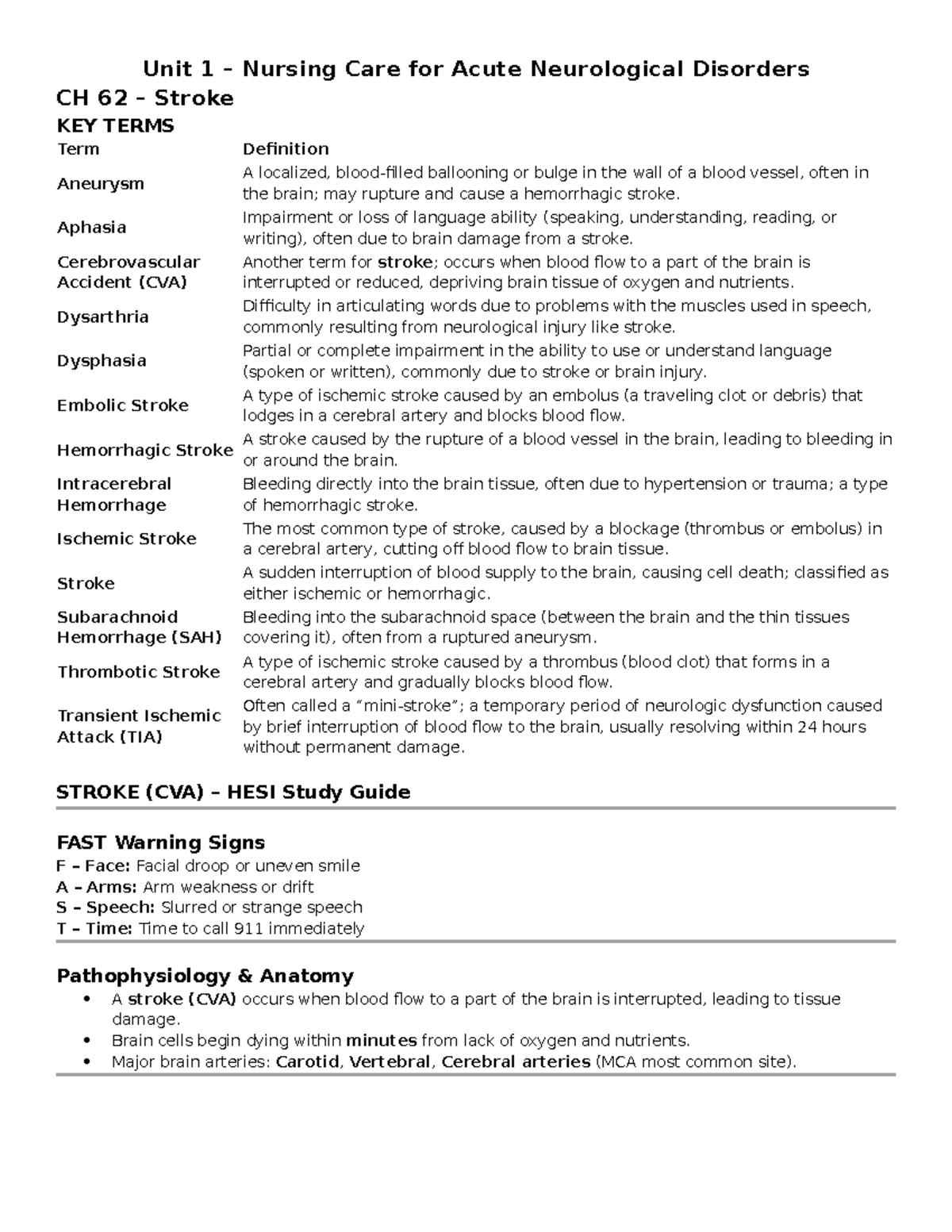 Med Surg 2 - CH 62 -Stroke - Unit 1 – Nursing Care for Acute ...