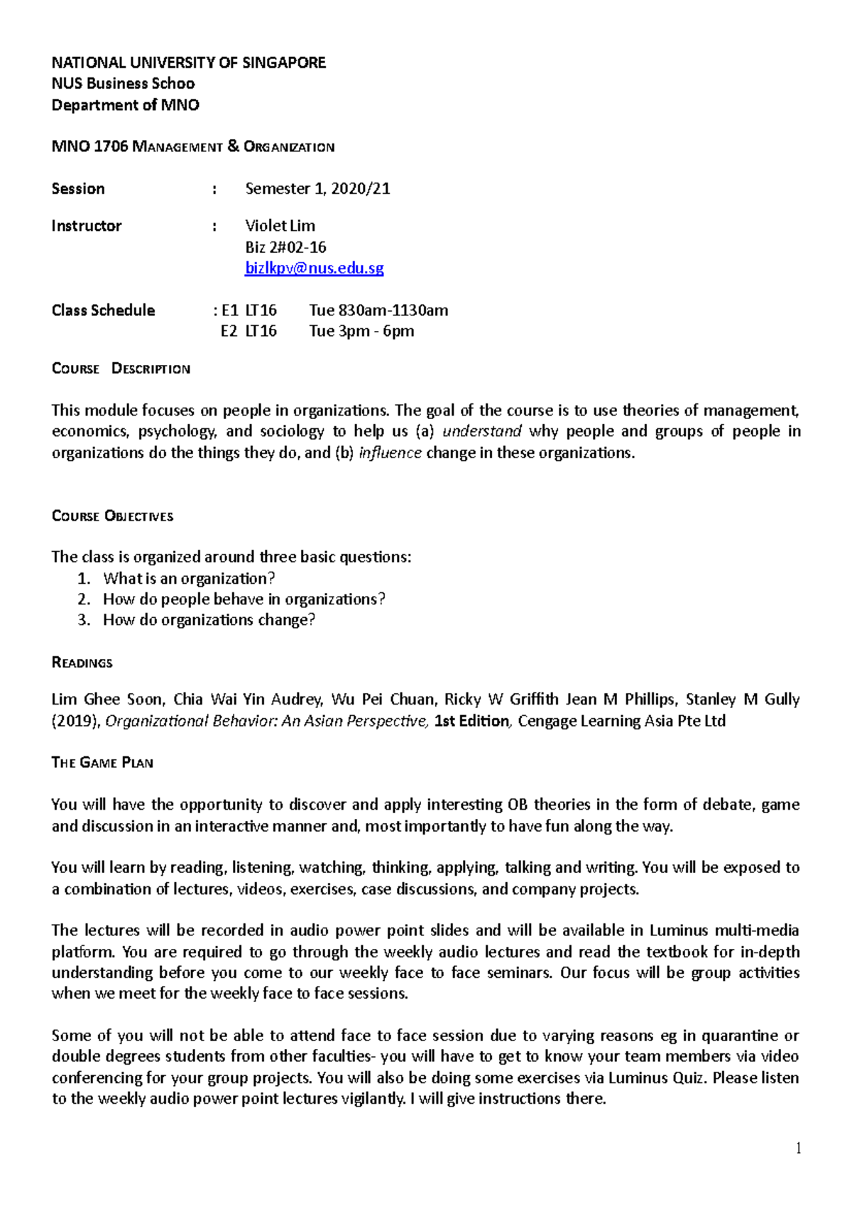 MNO1706 Course Outline: Management & Organization Overview - Studocu
