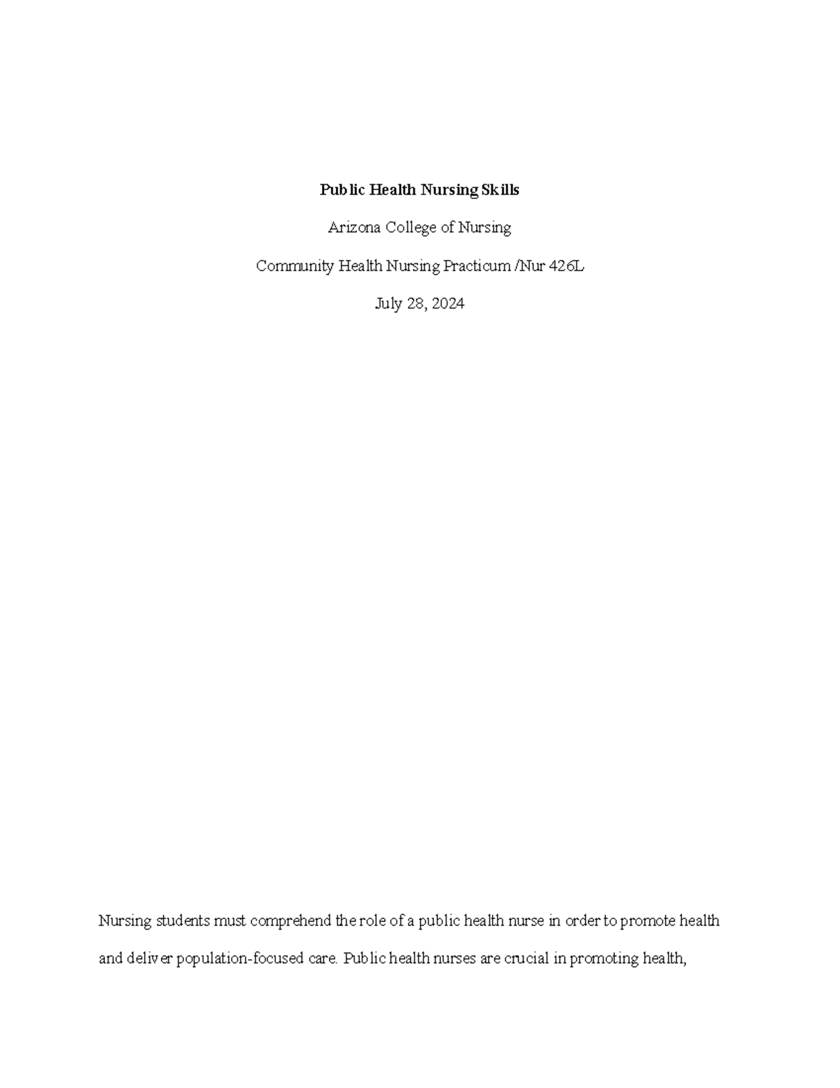 Public Health Nursing Homework Assignments - NUR 426L Insights and ...