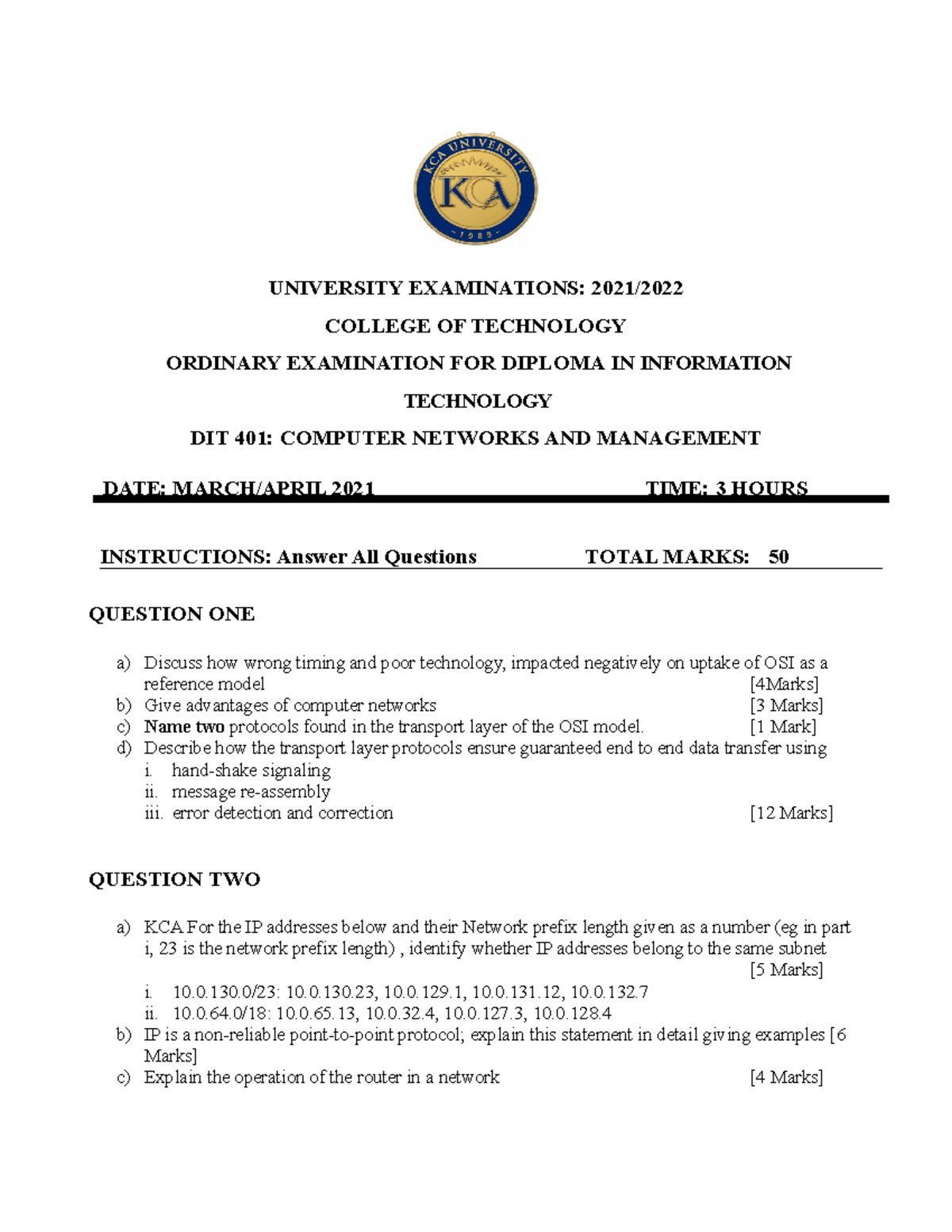 DBIT 401 Computer Networks AND Management - UNIVERSITY EXAMINATIONS ...