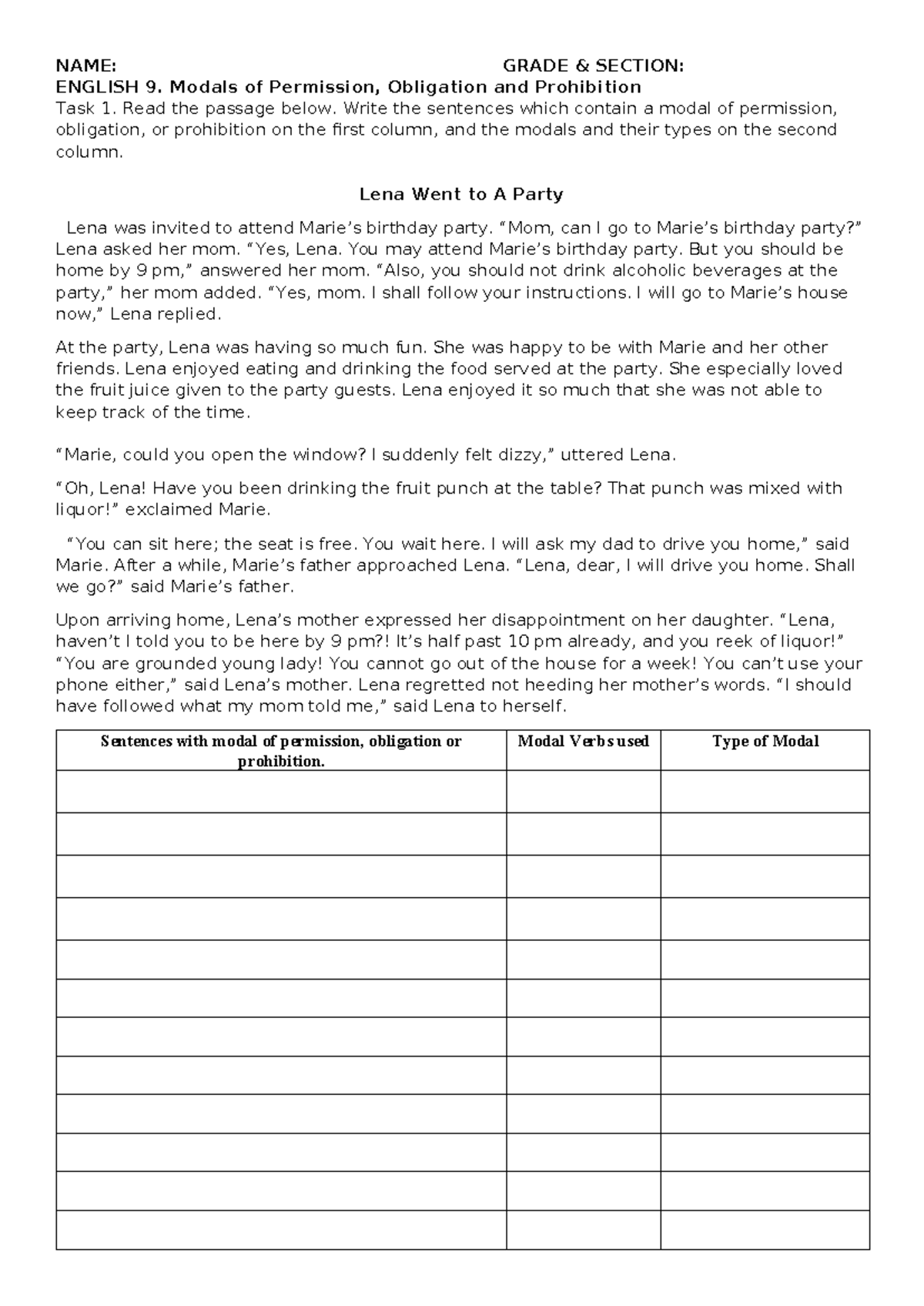 Worksheet on Modals of Permission, Obligation & Prohibition - ENG 9 ...