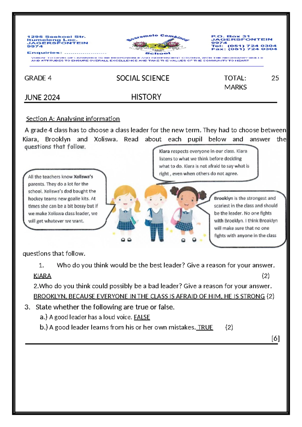 Grade 4 Social Science June 2024 Test Memo - Geography Insights - Studocu