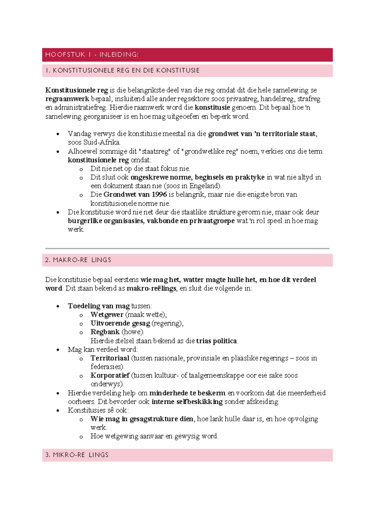 HOOFSTUK 1: INLEIDING TOT KONSTITUSIONELE REG EN DIE GRONDWET - Studocu