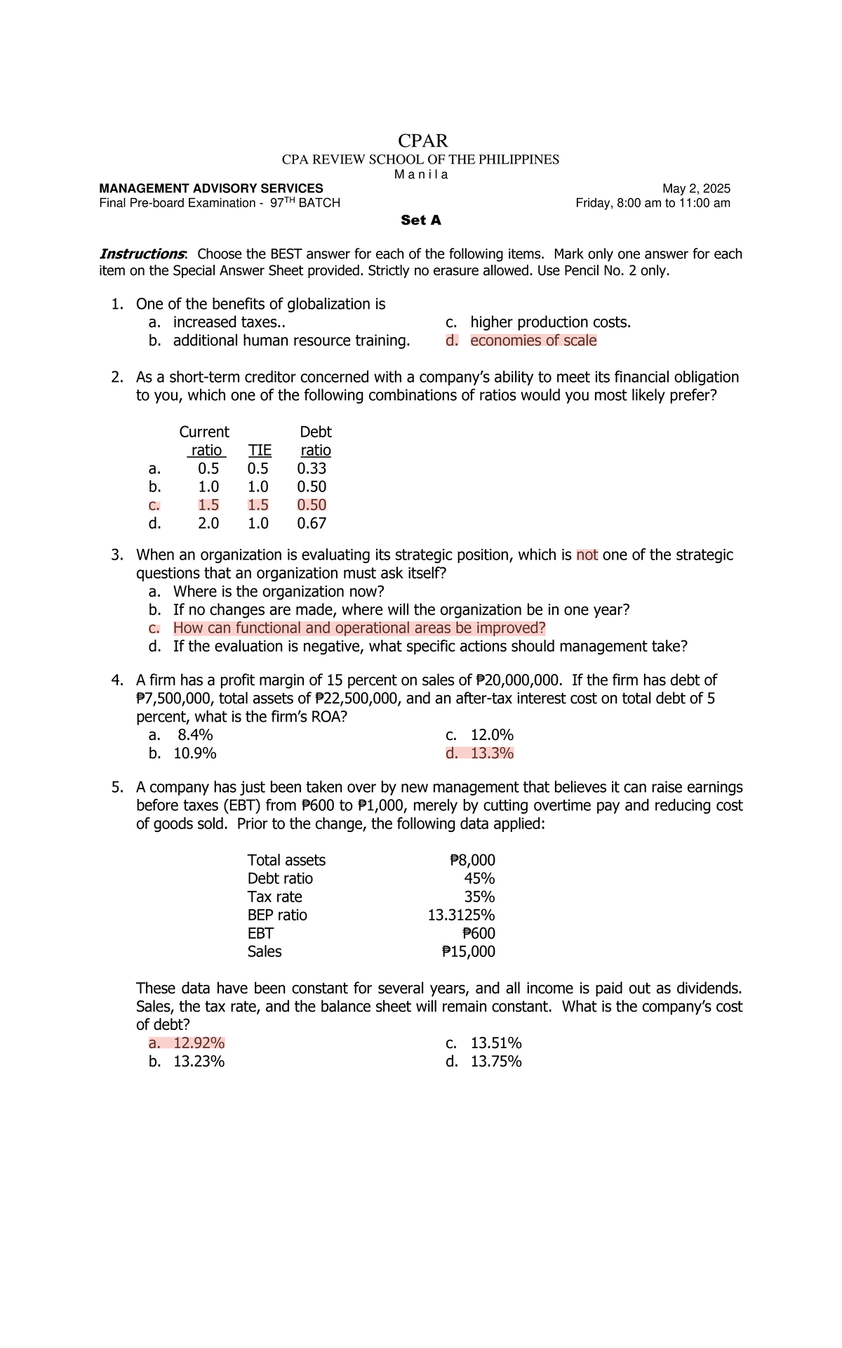 CPAR MANAGEMENT ADVISORY SERVICES Final Exam 97TH BATCH - May 2, 2025 ...