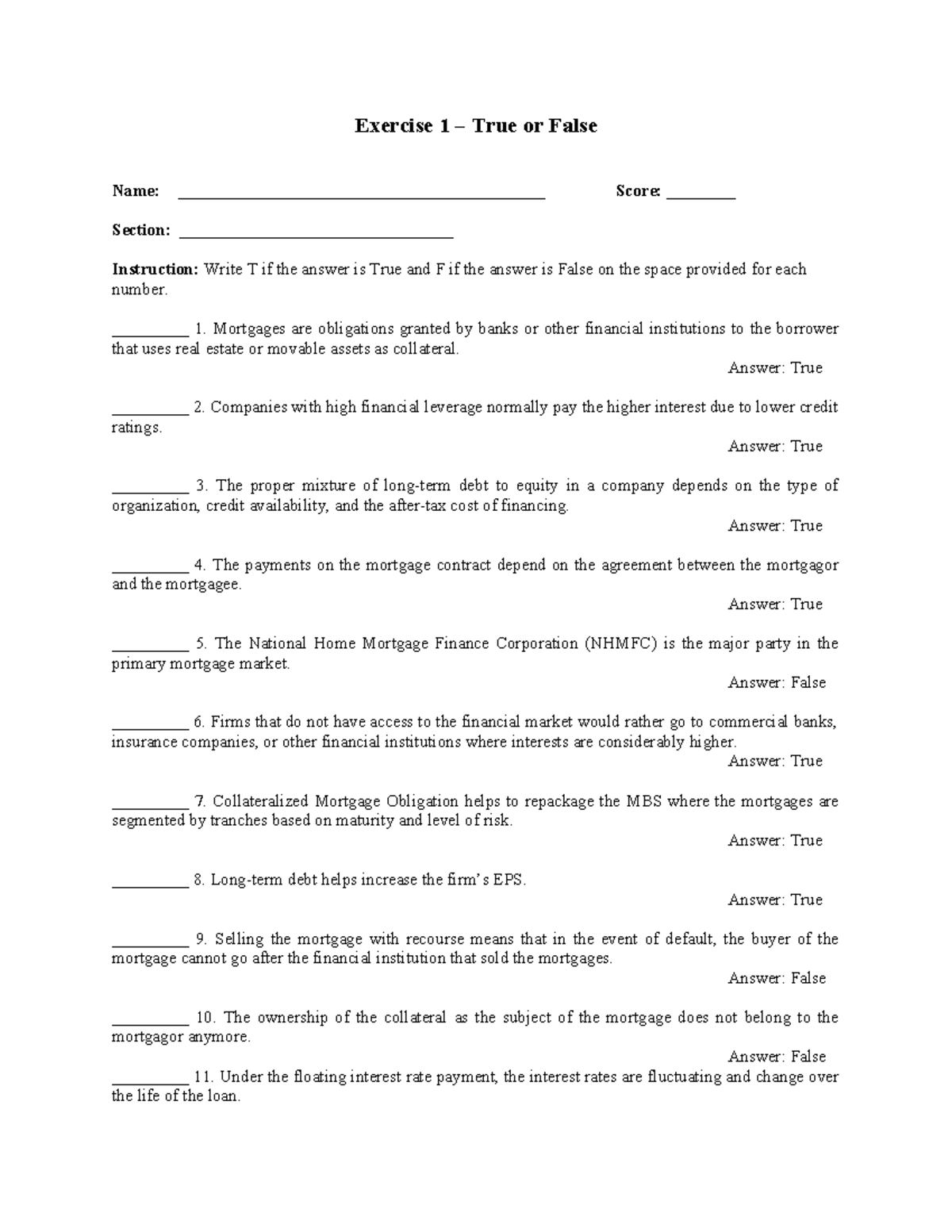 Mortgage Market Answers: True/False & Multiple Choice Exercises (Course Code: - Studocu