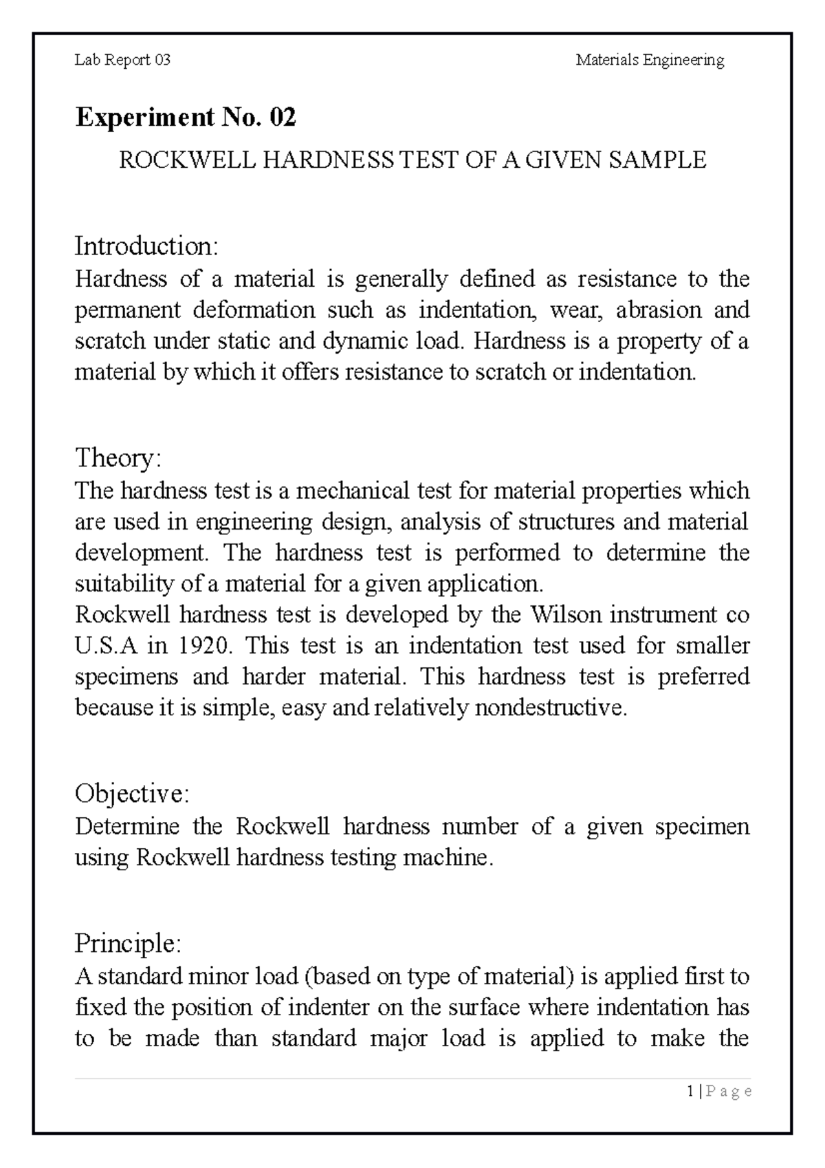 Lab Report 03 - Experiment No. 02 ROCKWELL HARDNESS TEST OF A GIVEN ...