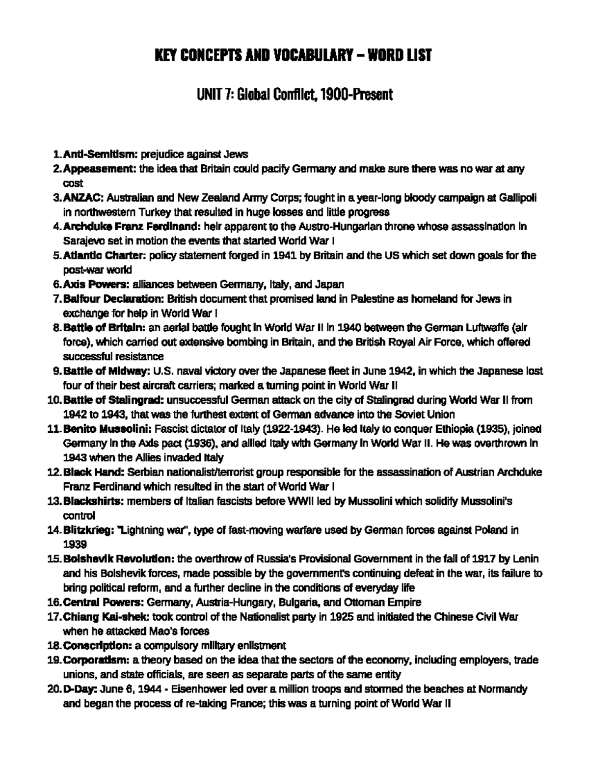 Unit 7 Vocabulary List: Key Terms on Global Conflict and Warfare - Studocu