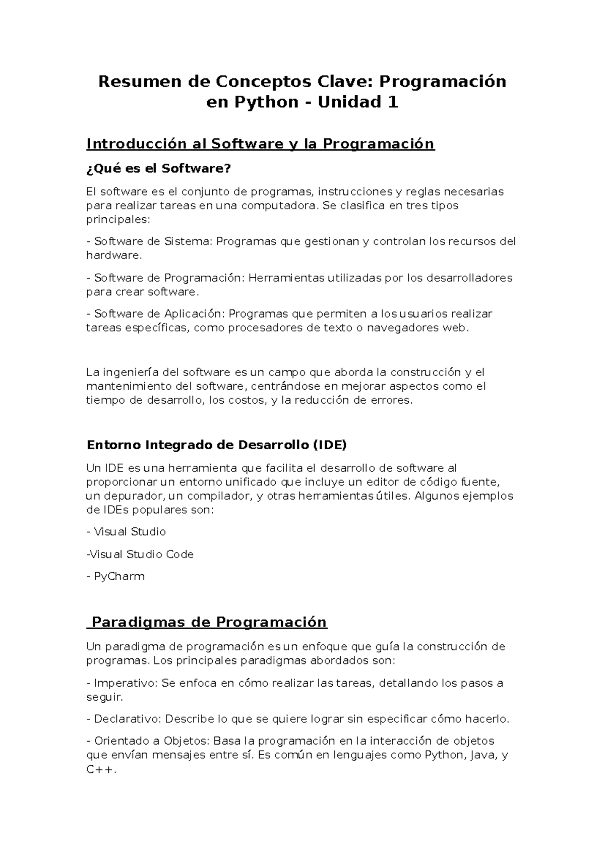 Resumen de Conceptos Clave: Programación en Python - Unidad 1 - Studocu