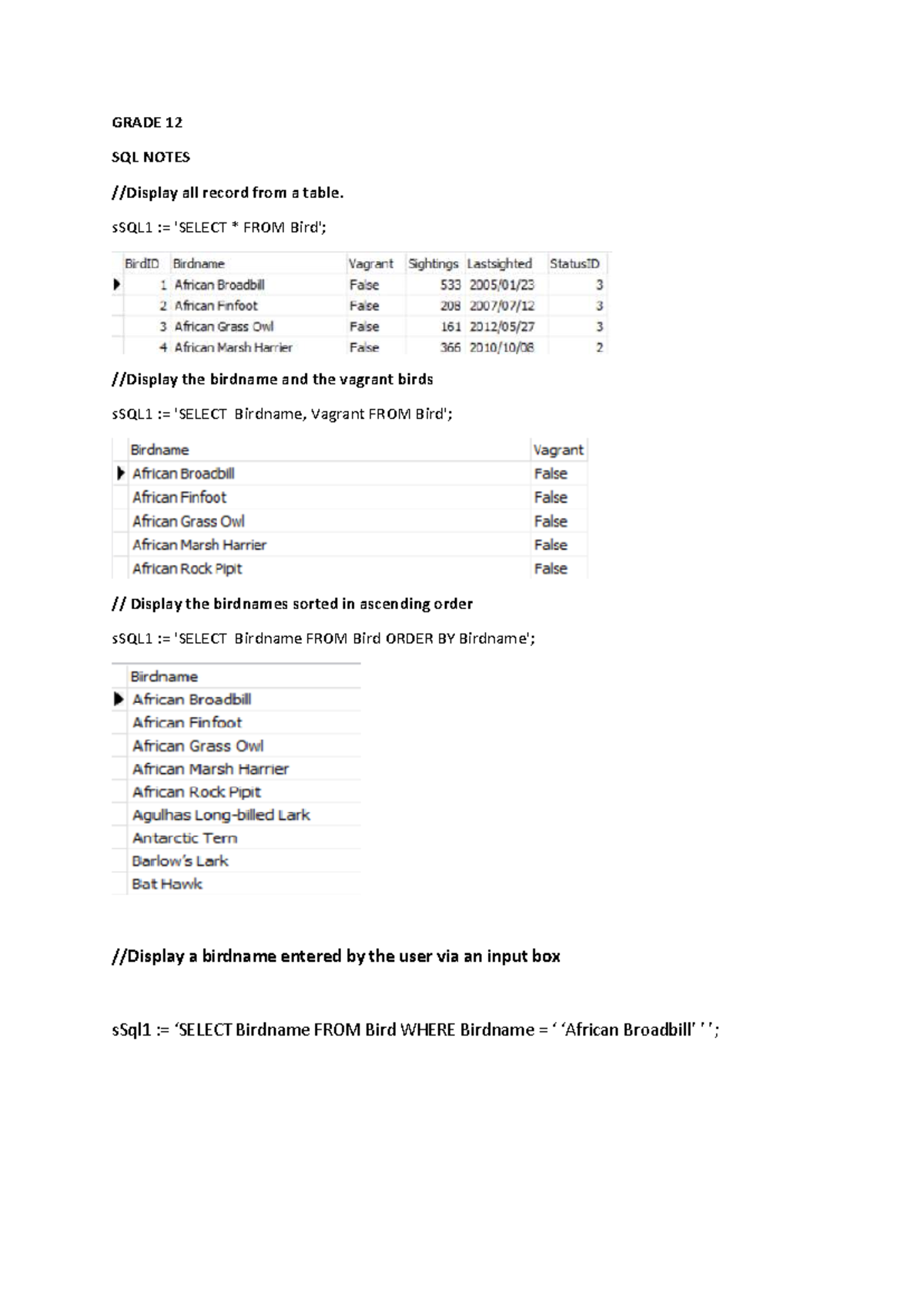 Grade 12 SQL Notes: Bird Records and Functions Overview - Studocu