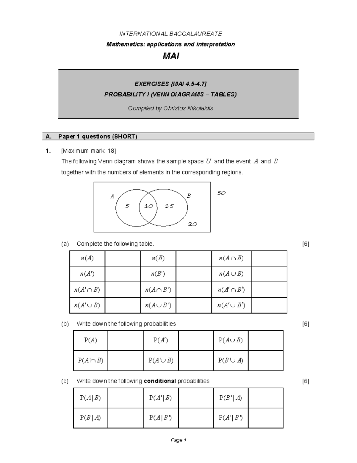 MAI Probability I: Venn Diagrams & Tables Exercises Compilation - Studocu