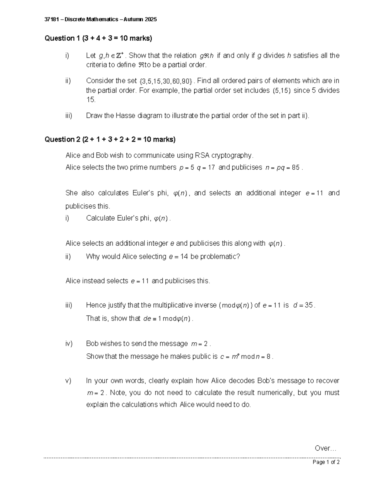 37181 Discrete Mathematics Final Exam 2025: Questions on Partial Orders ...