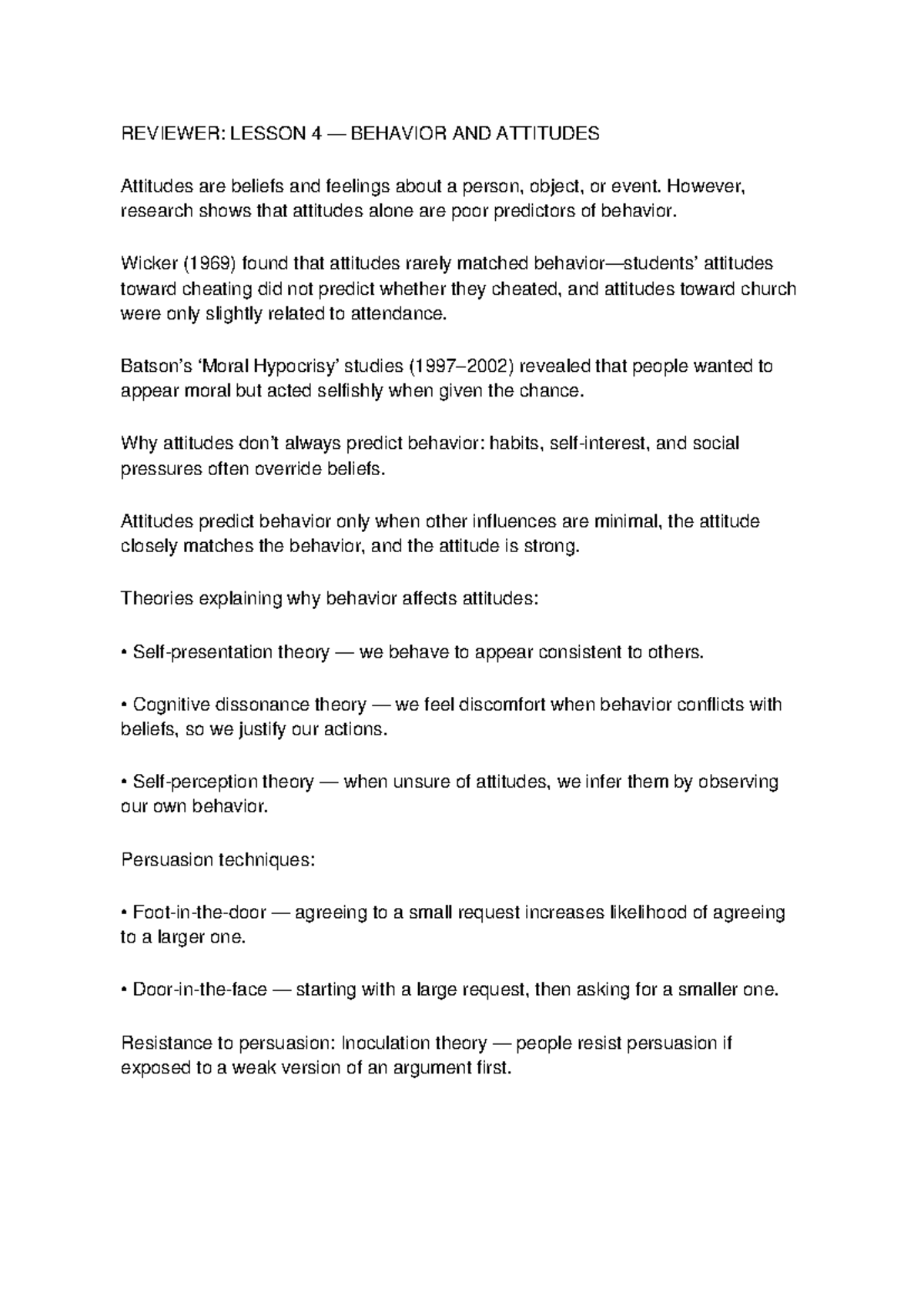 REVIEWER: LESSON 4 - BEHAVIOR AND ATTITUDES INSIGHTS - Studocu