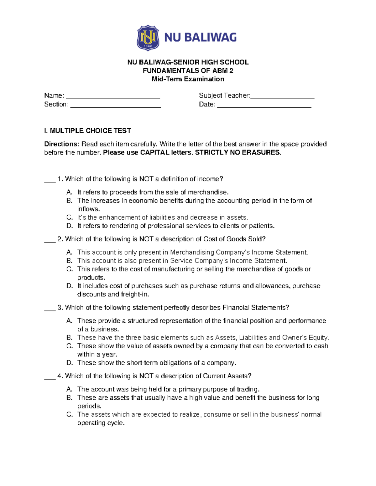 FABM 2 MidTerm Exam - Fundamentals of ABM 2 Assessment - Studocu