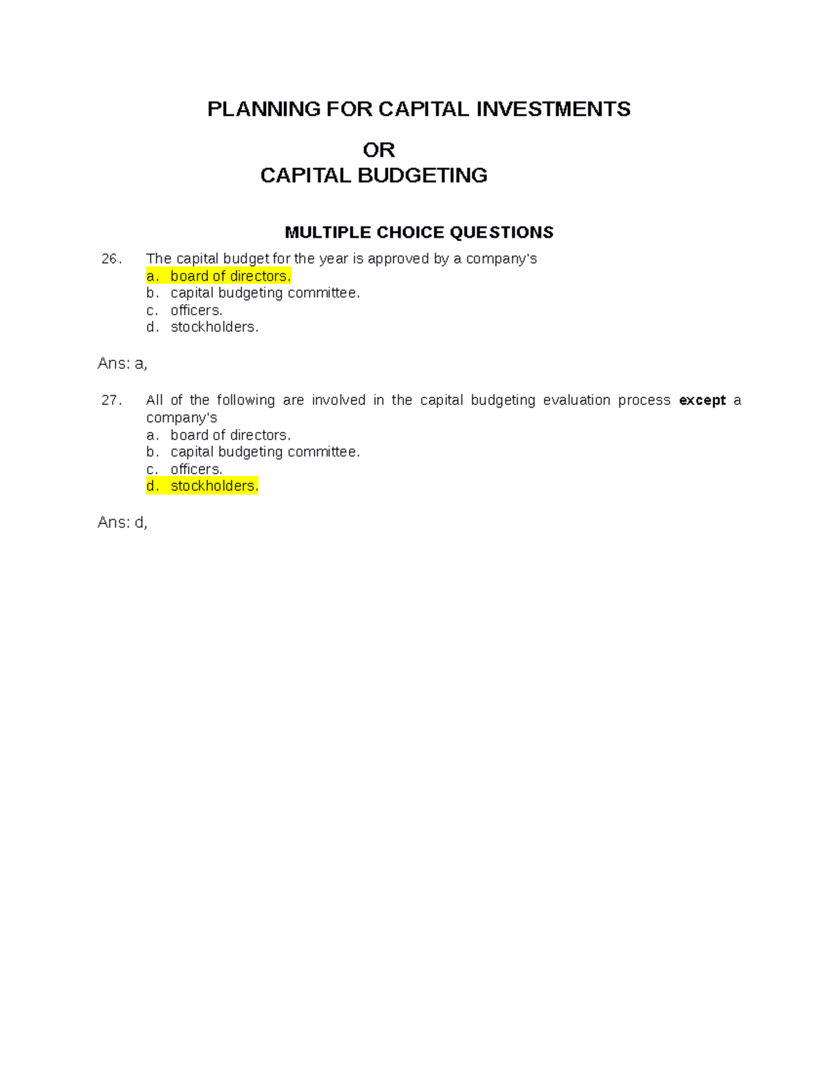 Capital Budgeting Test Bank: Multiple Choice Questions for Chapter 11 ...