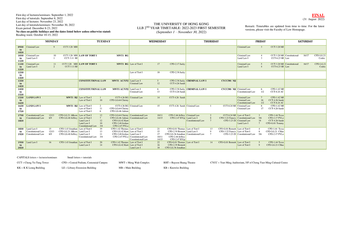 LLB 2nd Year Timetable 2022-23: Semester 1 Overview - Studocu