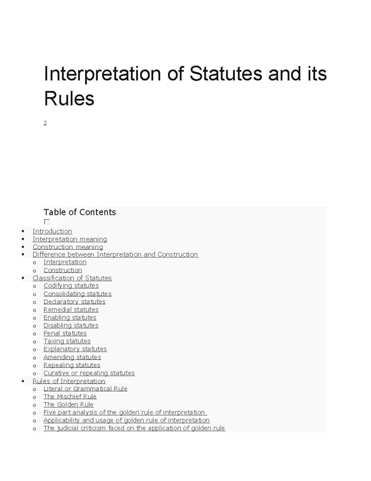 Interpretation of Statutes: Rules and Classifications Analysis - Studocu