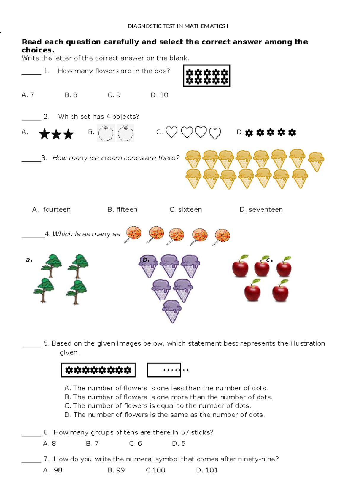Mathematics 1 Diagnostic Test: 1st to 4th Quarter - Studocu