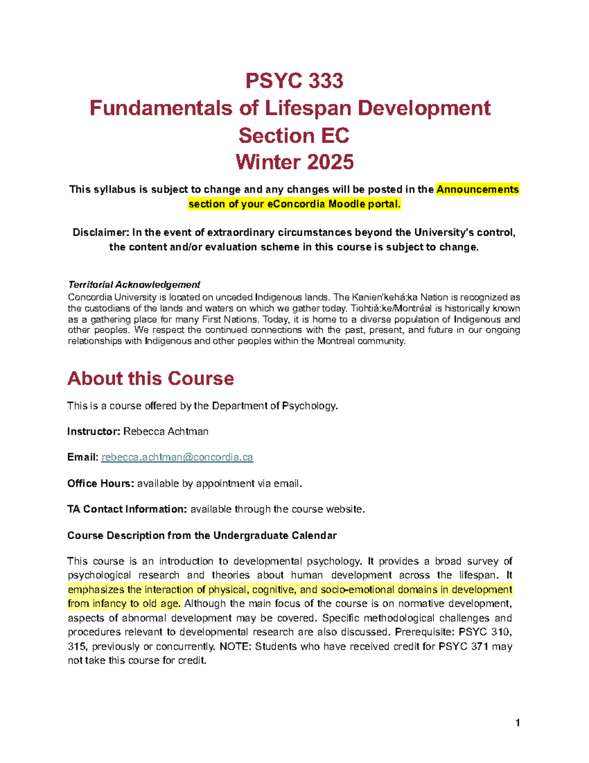 PSYC 371 Lifespan Development Course Outline Winter 2025 - Studocu