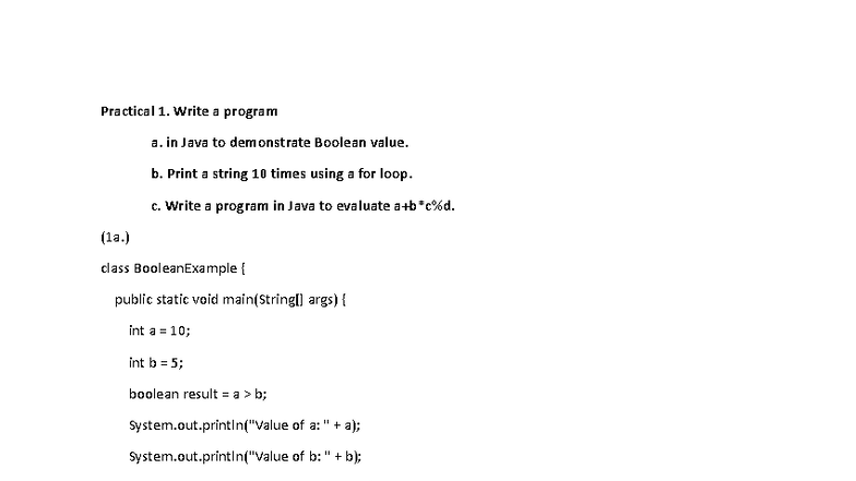 Java Practical 1: Boolean Values, Loops, and Ternary Operators - Studocu