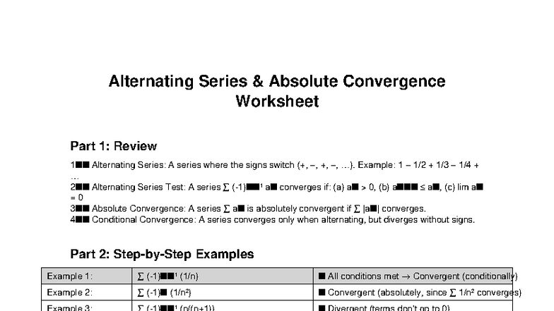 Alternating Series Absolute Convergence Worksheet (Part 1) - Studocu