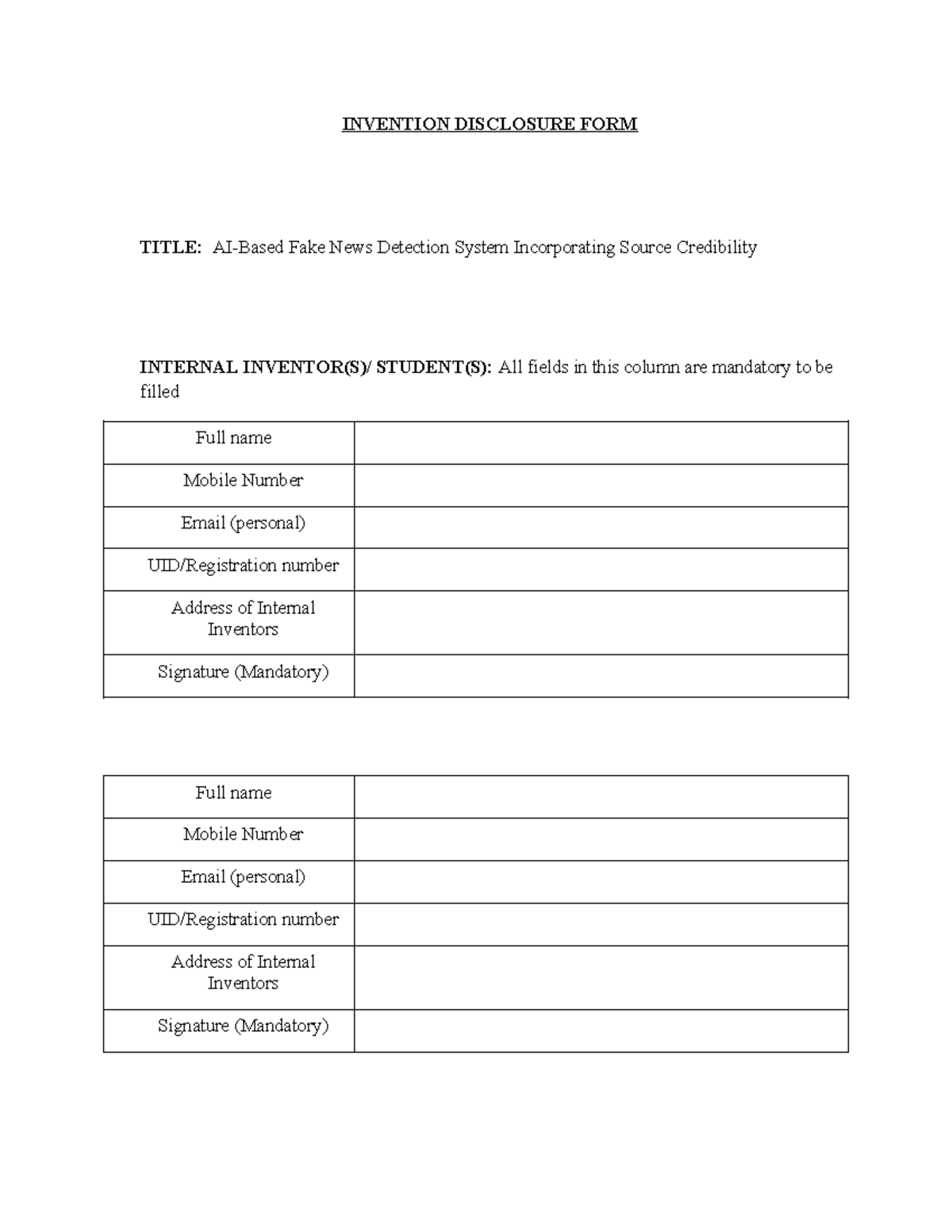 Patent for continous assessment 2 - INVENTION DISCLOSURE FORM TITLE: AI ...