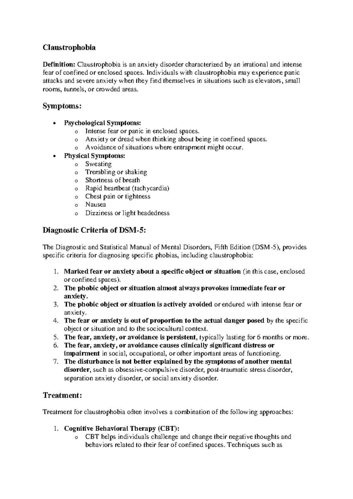 Claustrophobia: Definition, Symptoms, and Treatment Notes - Studocu