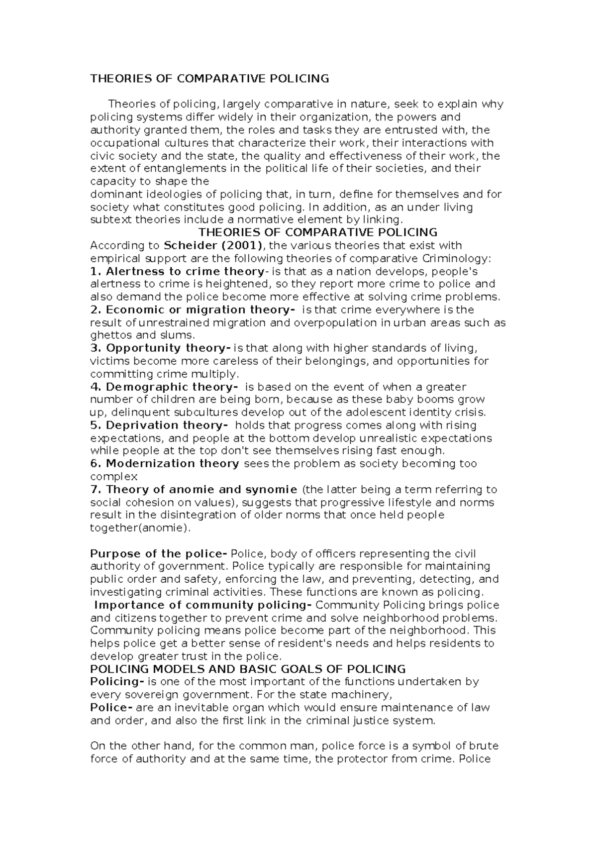 173 - Theories and Models of Comparative Policing Study Guide - Studocu