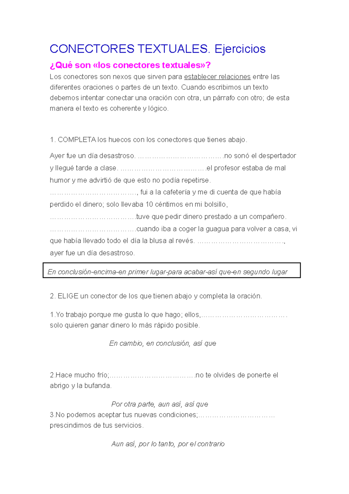 Ejercicios sobre Conectores Textuales - Prácticas y Ejemplos - Studocu