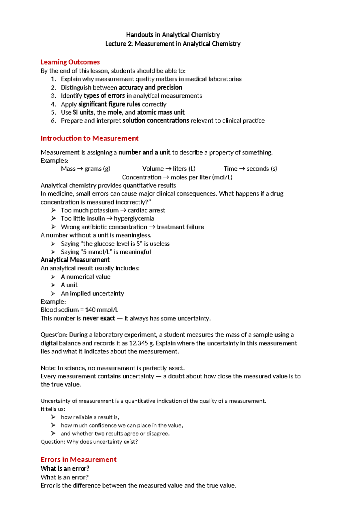 Analytical Chemistry Lecture 2: Measurement and Error Analysis - Studocu