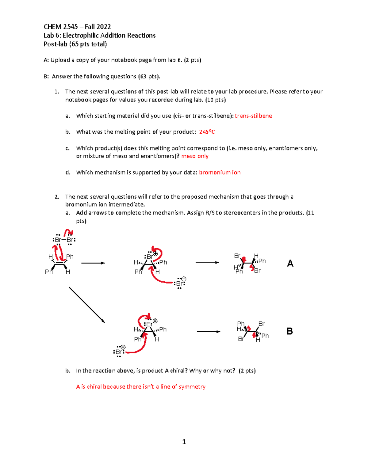 Lab 6 Post-Lab Report: Electrophilic Addition Reactions Analysis - Studocu