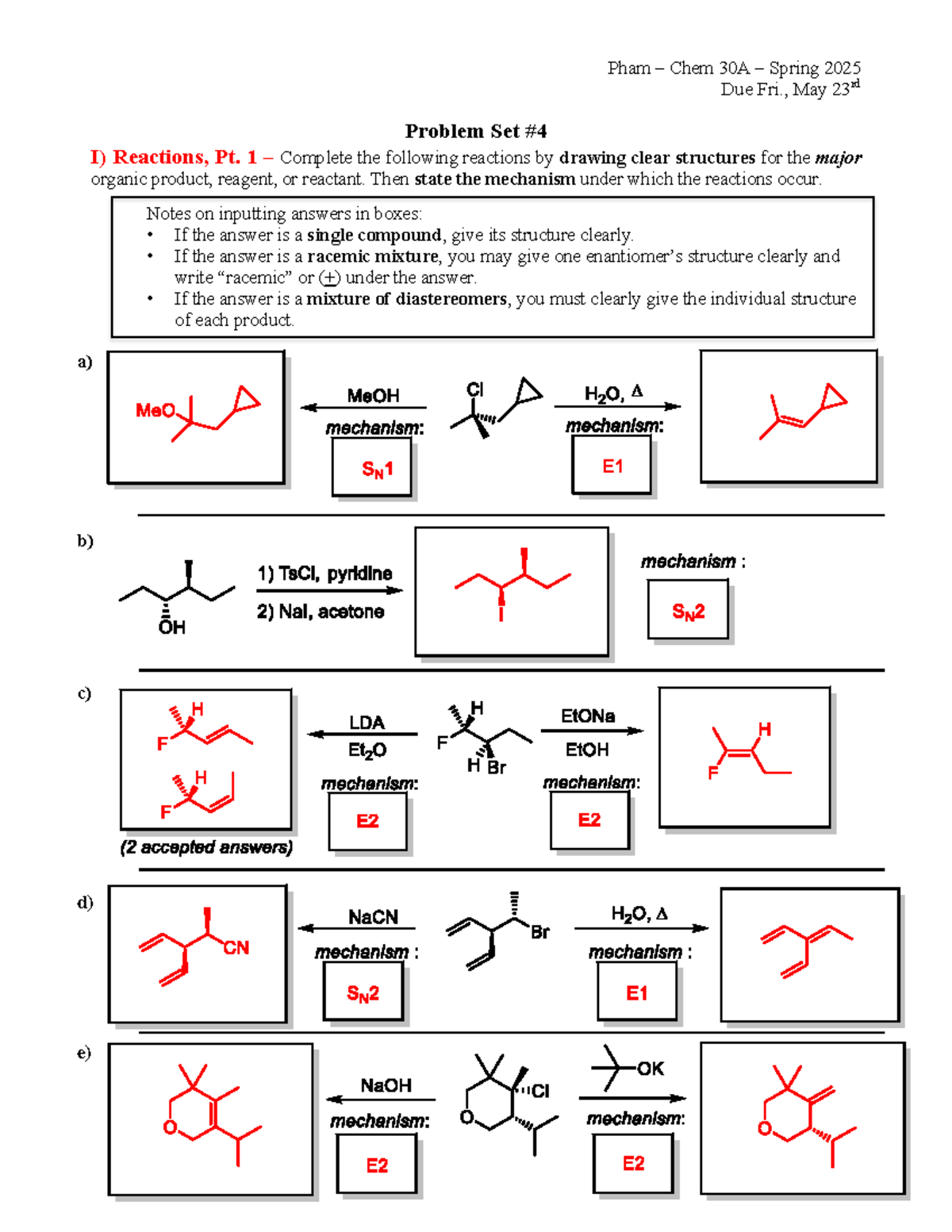 Chem 30A Spring 2025 Problem Set #4: Organic Reactions & Mechanisms ...