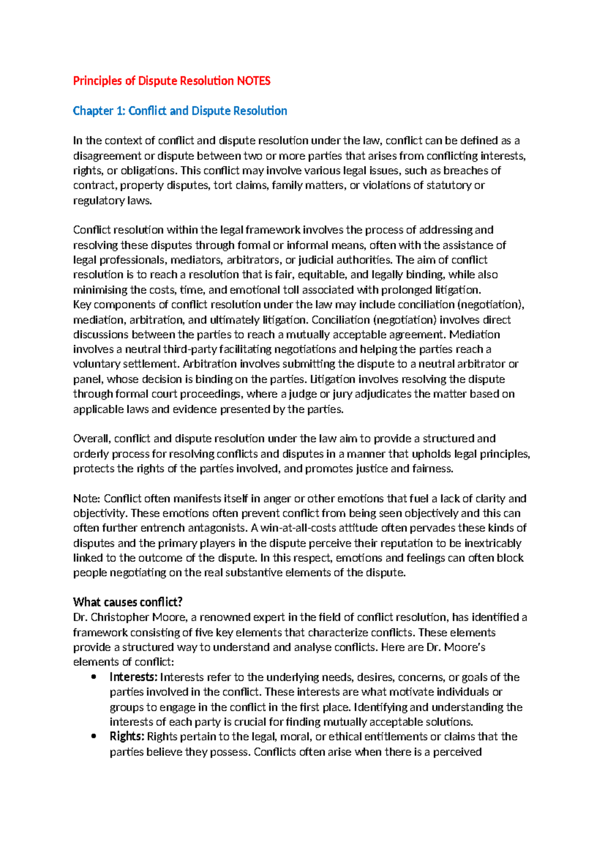 Principles of Dispute Resolution Notes: Analyzing Conflict Dynamics ...