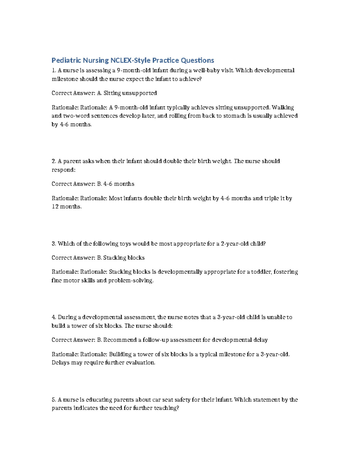 Nclex Pediatric Practice Questions 50 - Pediatric Nursing NCLEX-Style ...