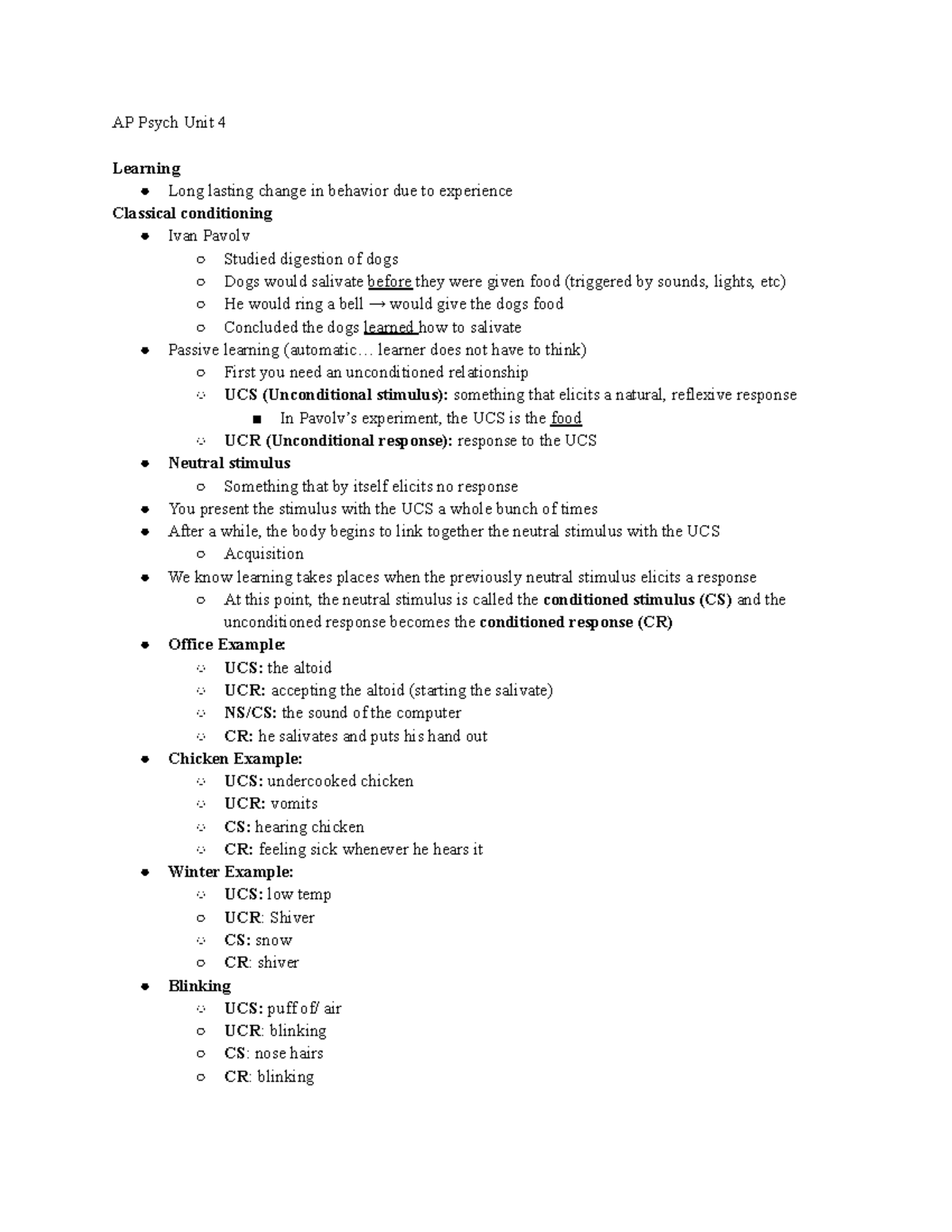 AP Psych Unit 4 - Classical Conditioning & Learning Notes - Studocu