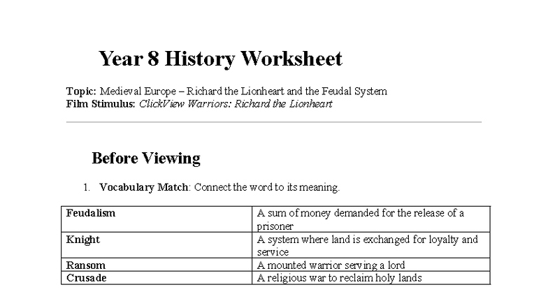 Year 8 History Worksheet: Richard the Lionheart & Feudalism - Studocu