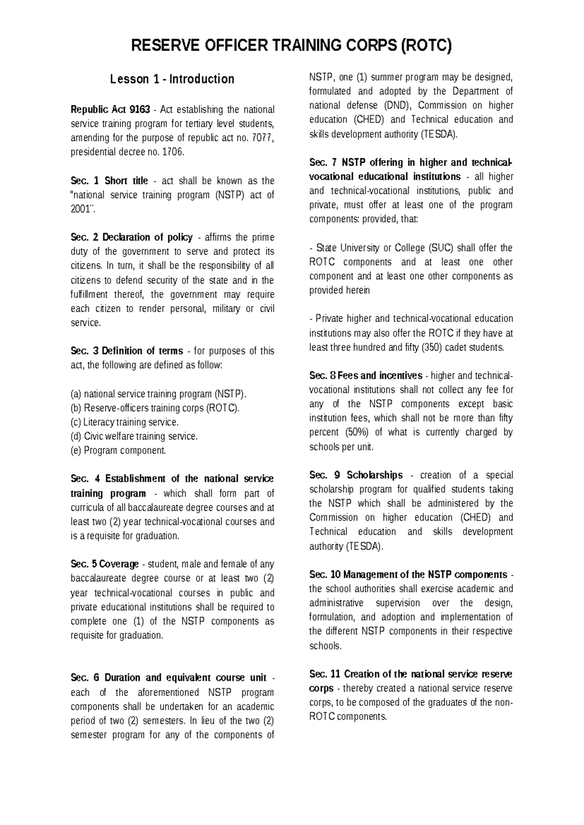 ROTC (Reserve Officer Training Corps) Lesson 1: Introduction to NSTP ...