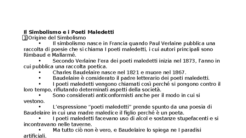 Il Simbolismo e i Poeti Maledetti: Origini e Caratteristiche - Studocu