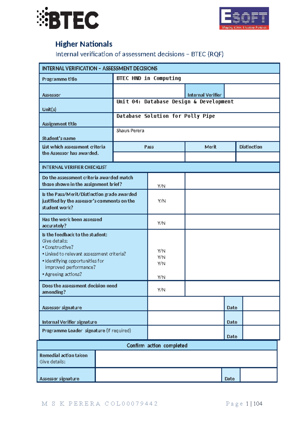 BTEC HND Computing Unit 04: Database Design Development Assessment Guide - Studocu