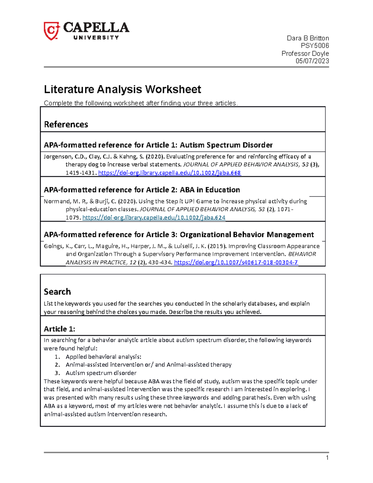 Literature Analysis Worksheet - PSY Professor Doyle 05/07/ Literature ...