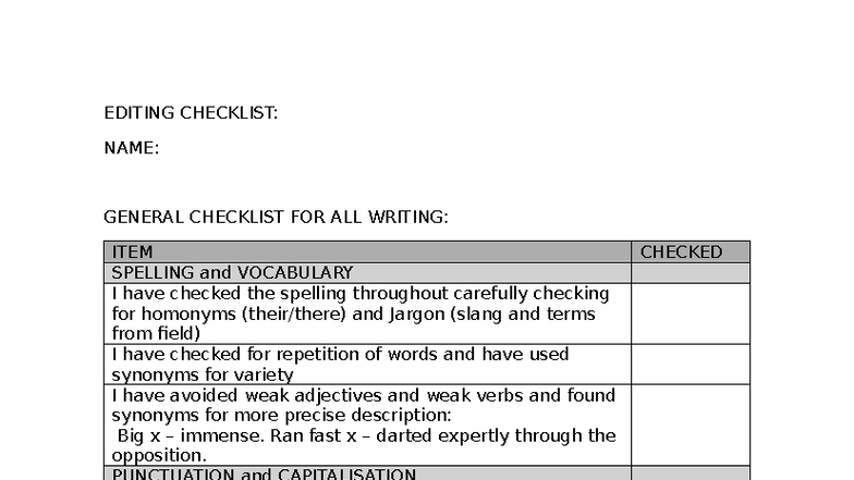 Editing Checklist: General Writing Tips for All Genres - Studocu
